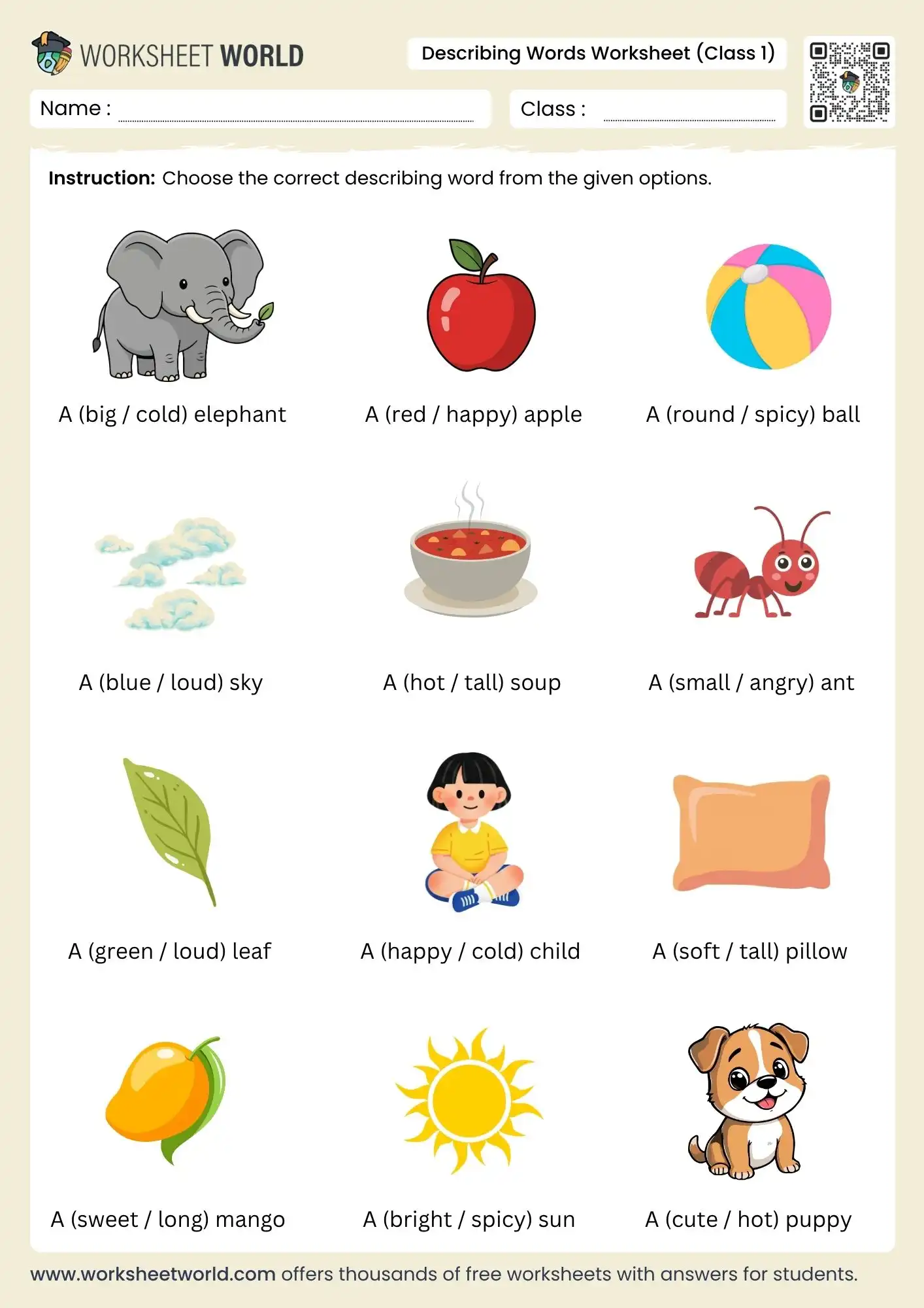 Free Describing Words Worksheet For Class 1 With PDF - Worksheet World