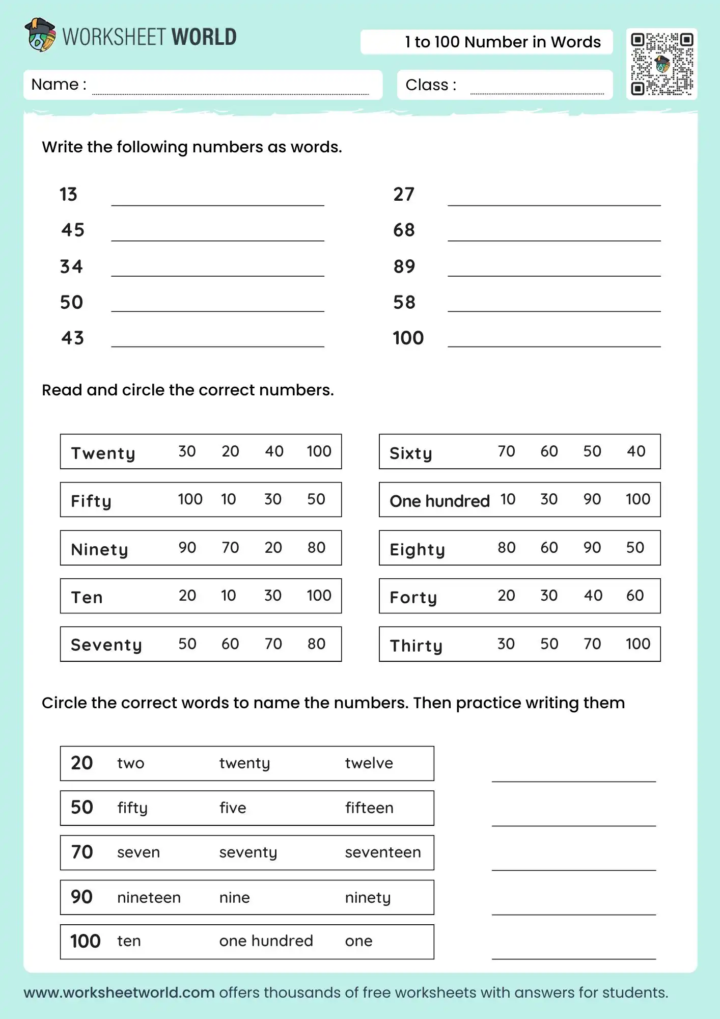 Number Names Worksheet 1 To 100 - Worksheet World