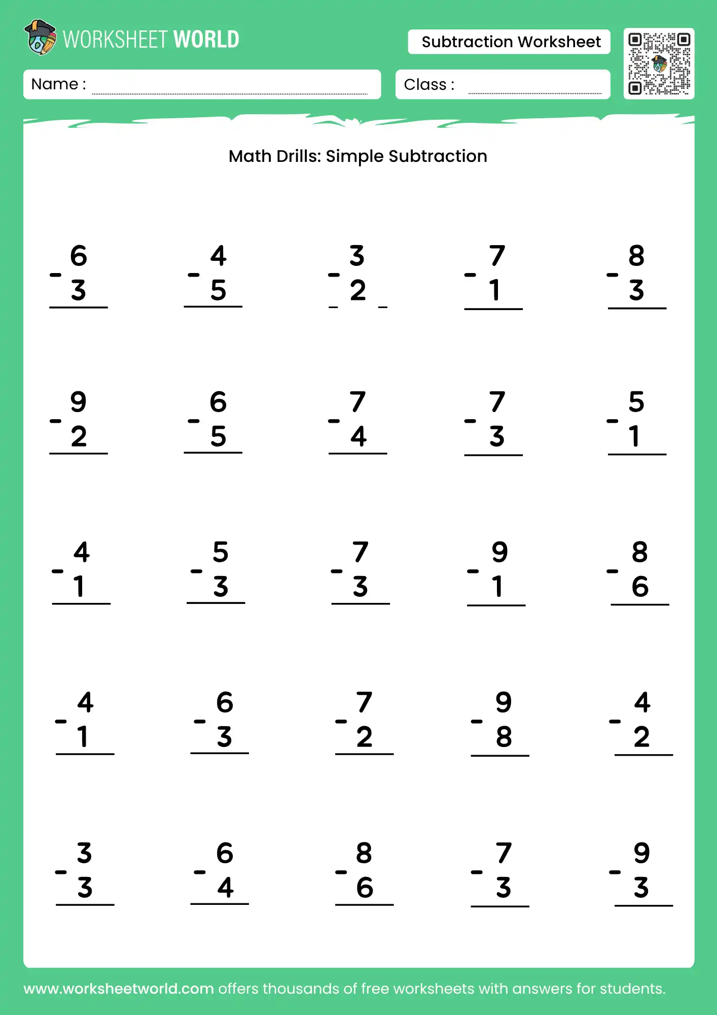 Simple Subtraction Worksheets - Worksheet World