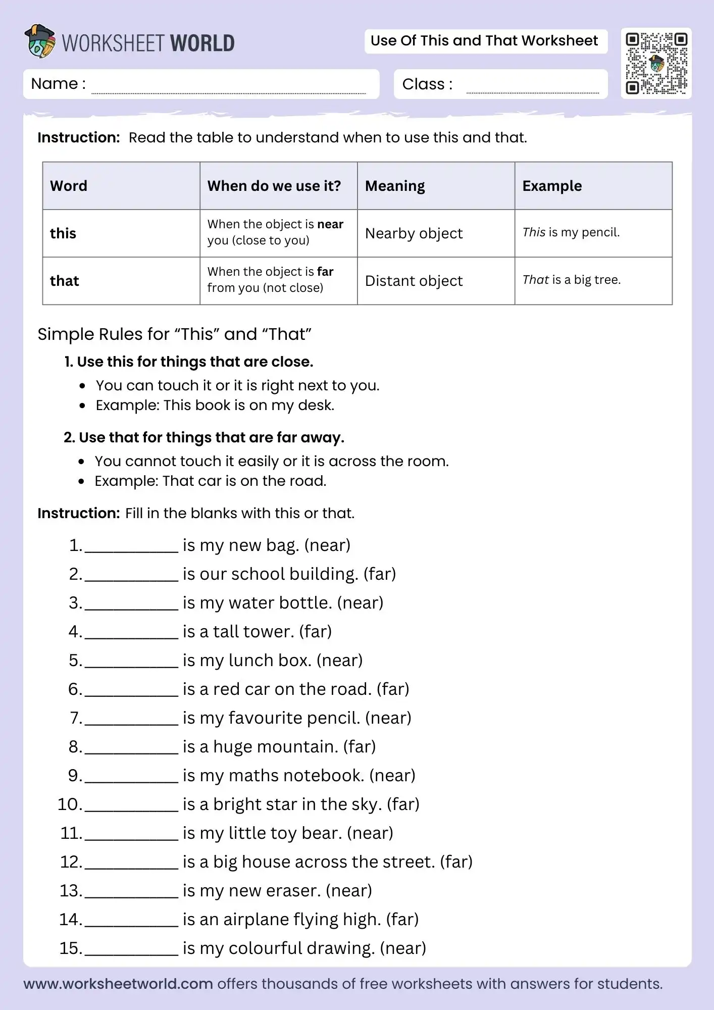 Use of This and That Worksheet (Demonstrative Words PDF) - Worksheet World