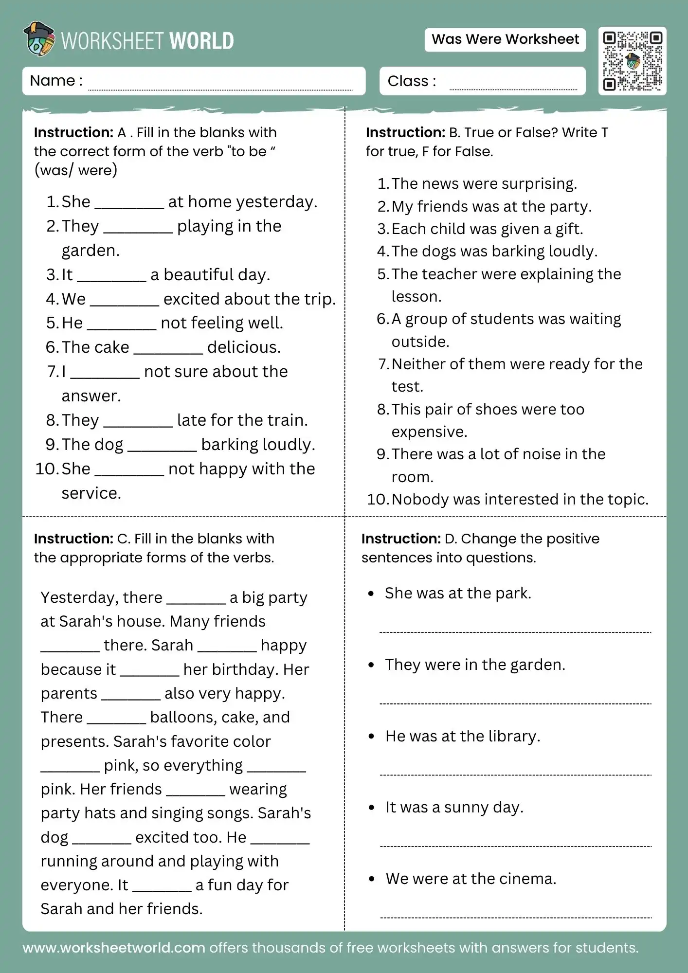 Was Were Worksheet (Free PDF For Class 1 to Class4) - Worksheet World